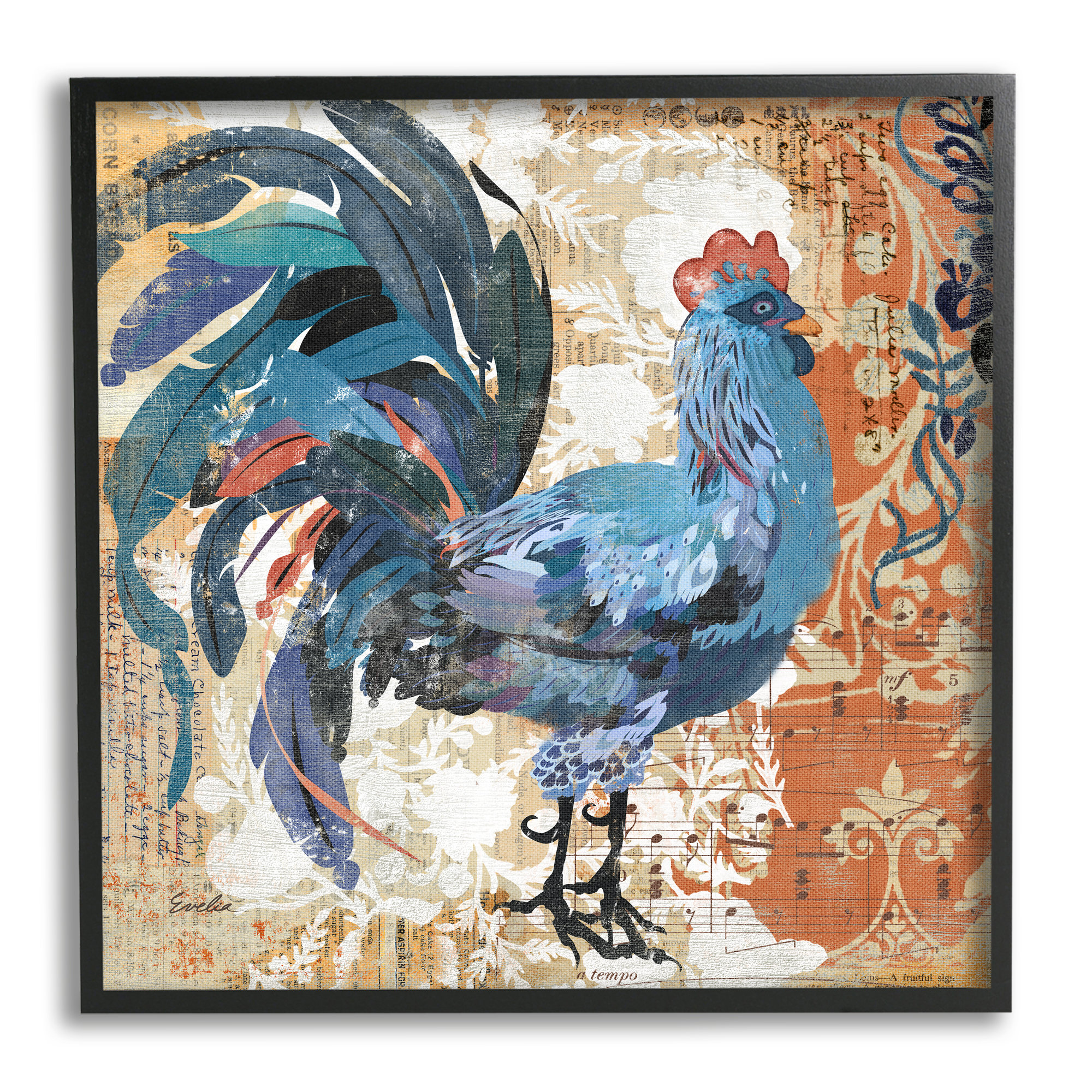 Stupell Industries Vintage Rooster Floral Collage Grey Framed Giclee Art By Evelia Designs ...
